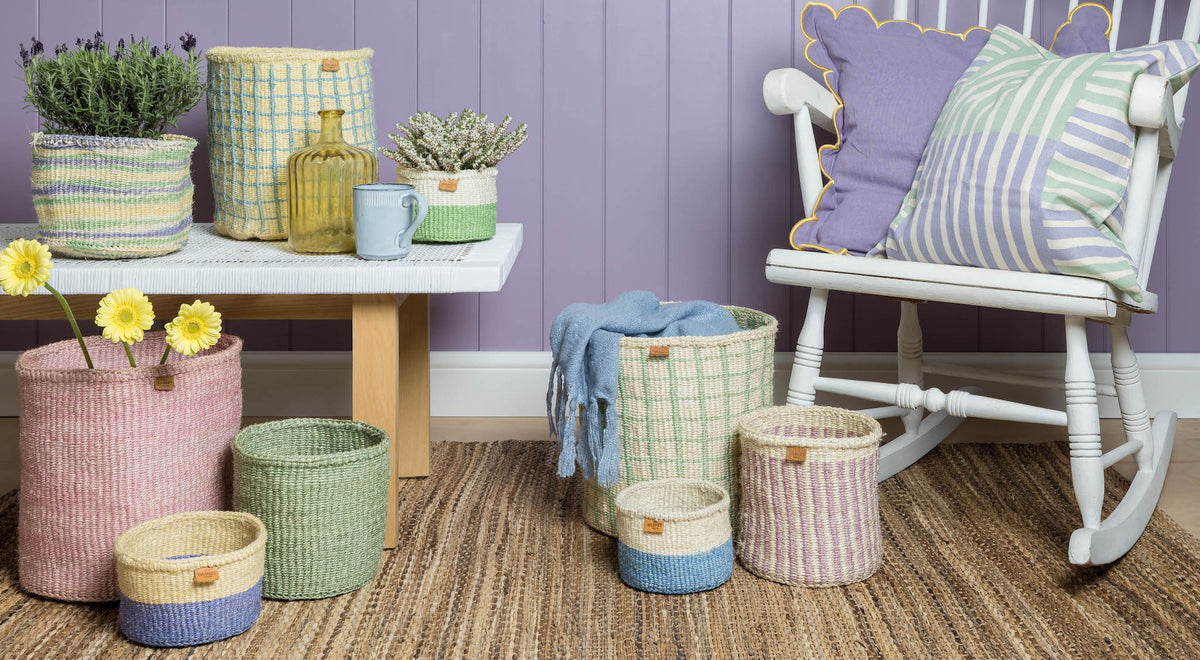 GROW | Pastel Coloured Storage Baskets | Lavender Check, Pinstripe and ...