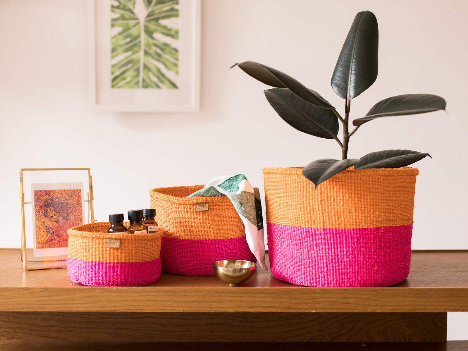KALI: Orange & Neon Pink Duo Colour Block Woven Basket – The Basket Room